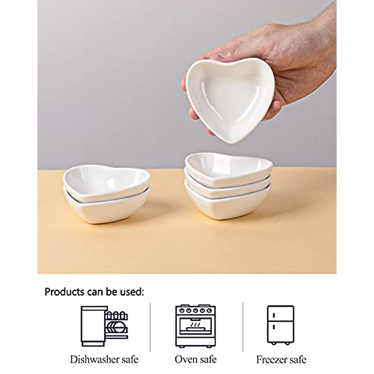 Delling Mini Dipping Bowls Set Soy Sauce Dish/Bowls, Heart Shaped Dip Bowls, Small Ceramic Bowls for Ketchup, Condiments, Chips Dip Sets, Best Choice for BBQ and Other Party Dinner - 2Oz, Set of 6