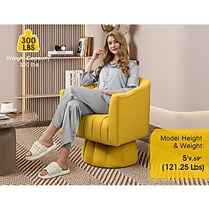 Accent Chair Mid Century 360 Degree Swivel Chair,Modern Lounge Sofa Round Barrel Chair with Wide Upholstered,Fluffy Velvet Fabric Chairs for Home Sofa Living Room/Bedroom/Waiting Room(Yellow)