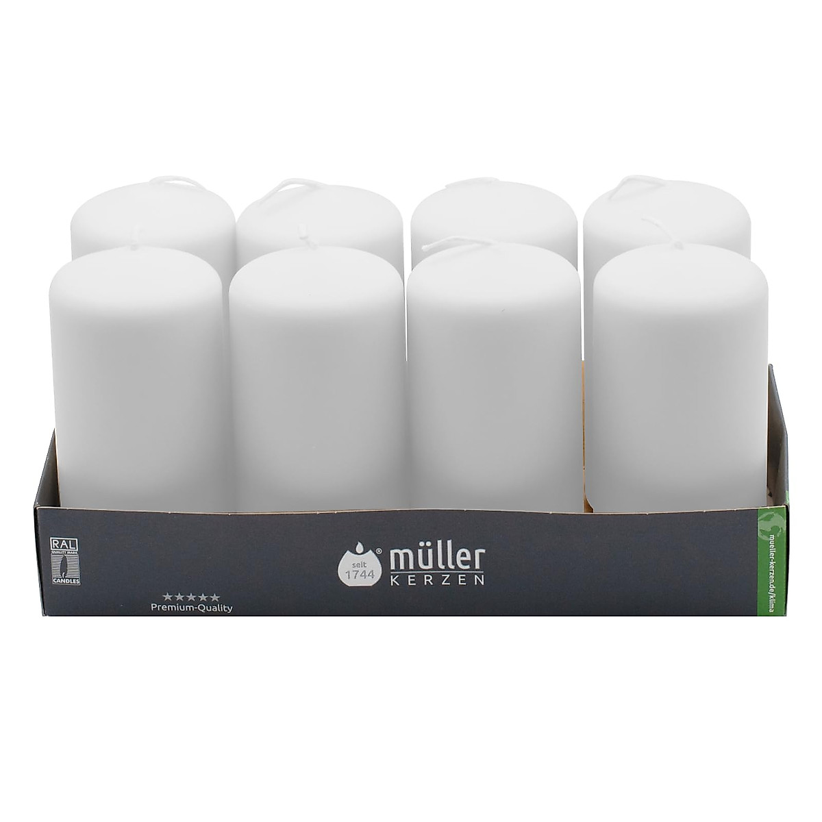 Müller Unscented Pillar Candles - Set of 6 White Candles in Bulk - 2.24 x 4.72 Inch - 32 Hours Long Burning Decorative Candles - Dripless Wax - Smokeless Wick - RAL Quality - Made in Germany