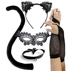 Black Cat Costume for Women, Halloween Masquerade Mask, Lace Ears, Gloves, Tail, Choker Necklace