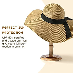 Womens Beach Sun Straw Hat - UV Protection UPF 50+ Sun Hats for Women with Wide Brim, Foldable Floppy Straw Beach Hat for Women