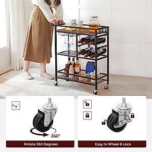 MAHANCRIS Bar Cart for Home, 3-Tier Serving Cart with Wheels and Handle, Beverage Cart with Wine Rack and Glass Holders, Rolling Wine Cart for Kitchen, Dining Room, Rustic Brown RCHR6101