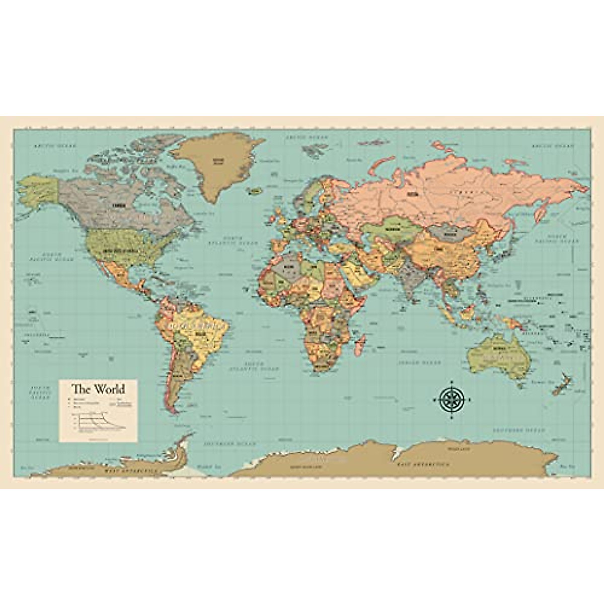 3 Pack - World & USA Map Chart [Tan/Color] + Antique Style USA Map (Laminated, 18” x 29”)