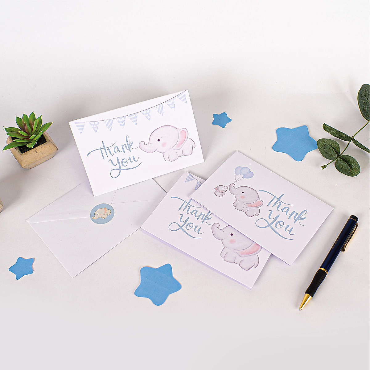 Baby Shower Thank You Cards. 50 Elephant Blue Thank You Cards Baby Shower with Envelopes for Baby Thank You Notes - Blank Inside Baby Shower Card Pack with Sealing Stickers
