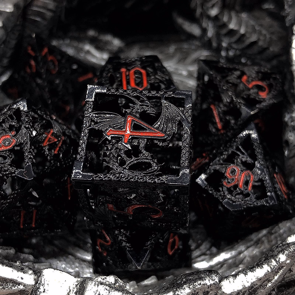 DND Metal Hollow Dragon Dice Set - D&D Black Red Polyhedral Dice (Free Metal Box) Suitable for Pathfinder RPG Board Game Dice (Black Red)