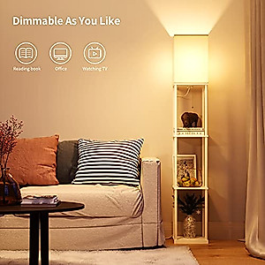 SUNMORY Shelf Floor Lamp with 3-Way Dimmable LED Bulb, Modern Square Standing Lamp with Shelves and White Shade, Corner Display Bookshelf Lamp for Living Room and Bedroom(White)