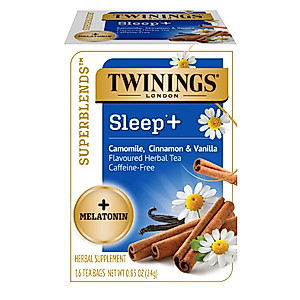 Twinings Superblends Sleep + Melatonin, Camomile, Cinnamon & Vanilla Flavoured Herbal Tea, Caffeine-Free 16 Count (Pack of 6)