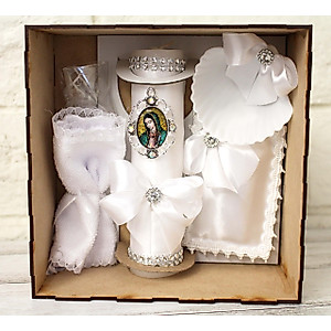 Elegant Wood Box 5pc Our Lady Guadalupe Charm Rhinestone Mi Bautizo Baptism Gift Set Rosary Candle Communion Espanol Nina Nino Favor Bible Velas Recuerdos