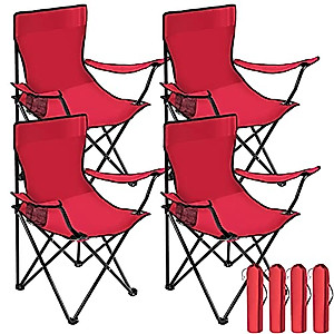4 Pack Folding Camping Chairs with Carrying Bag Portable Lawn Chairs Lightweight Beach Chairs Outdoor Collapsible Chair with Mesh Cup Holder for Travel Outside Camp Beach Fishing Sports (Red)