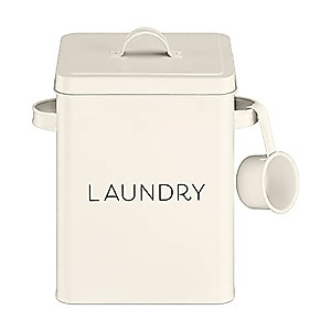 Navaris Laundry Detergent Container with Scoop - Powder Laundry Soap Tin - Vintage Style Metal Organizer Canister Box with Lid and Handles - White