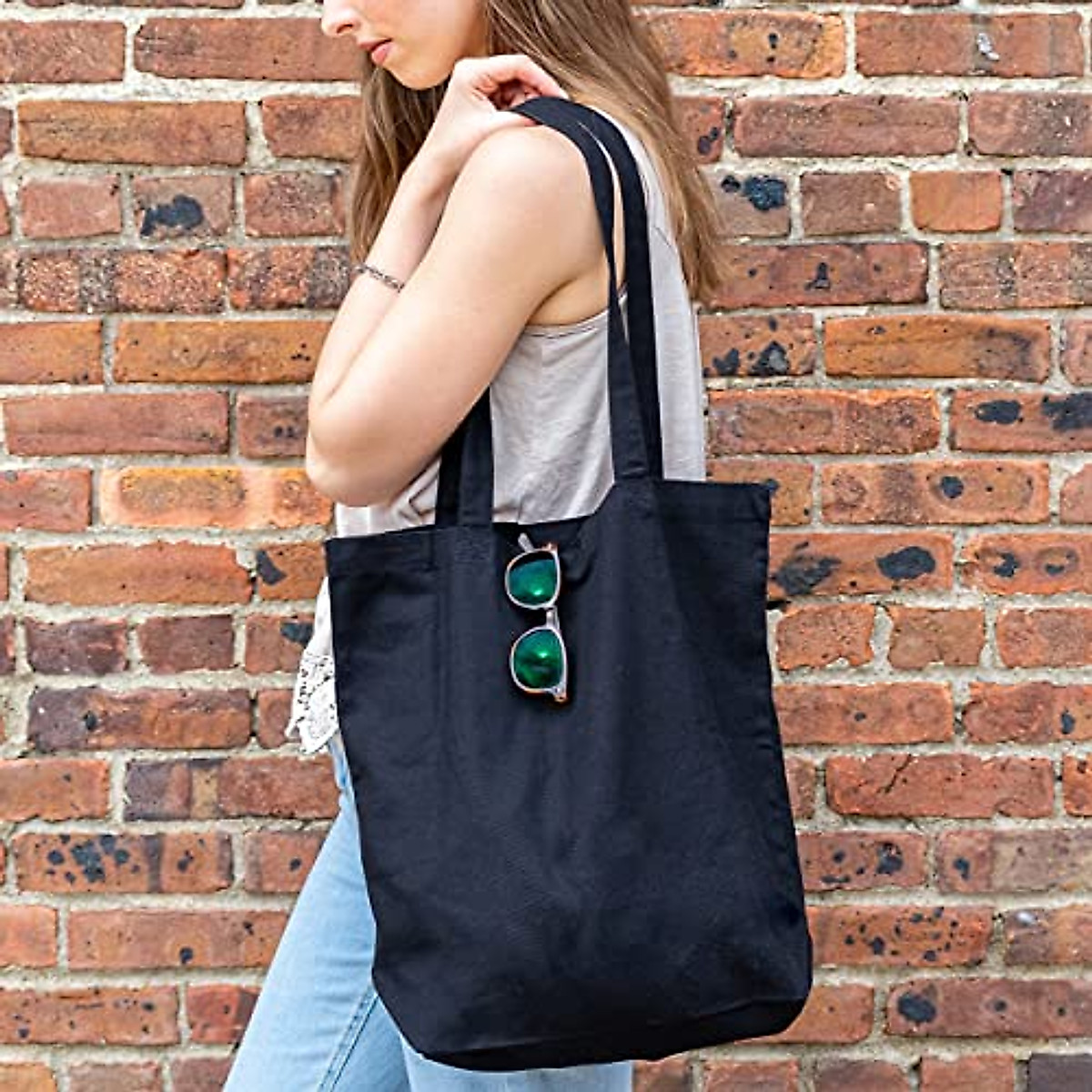 Canvas Tote Bags Bulk - 12 Pack Black Cotton Shopping Bags with Shoulder Length Handles, Small Reusable Natural Organic Muslin Fabric Cloth, Blanks For Sublimation, Stores, Business, Crafts - 15x16