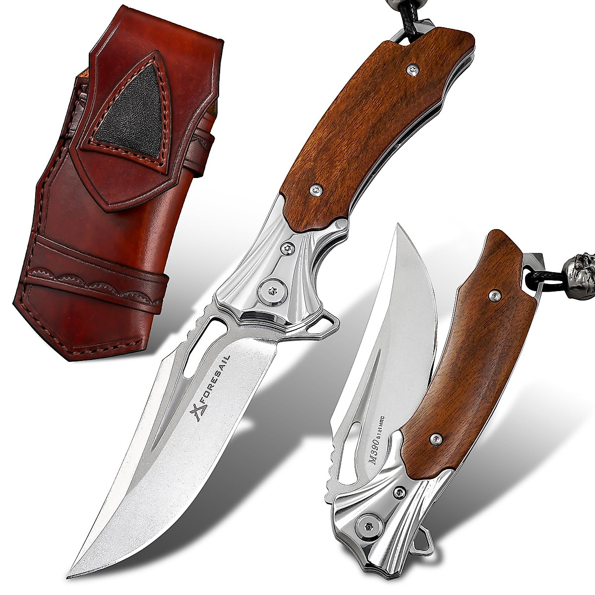 FORESAIL Flipper Pocket Folding Knife,M390 Steel Blade and Wood Handle. With leather case,men's pocket knife hiking trip EDC tool Knife.