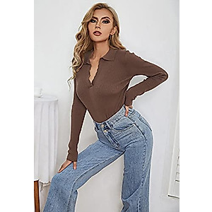 Kate Kasin Womens Polo Long Sleeve Sweater Scalloped V Neck Knit Tops Solid Ribbed Lightweight Pullover Shirts Coffee XL