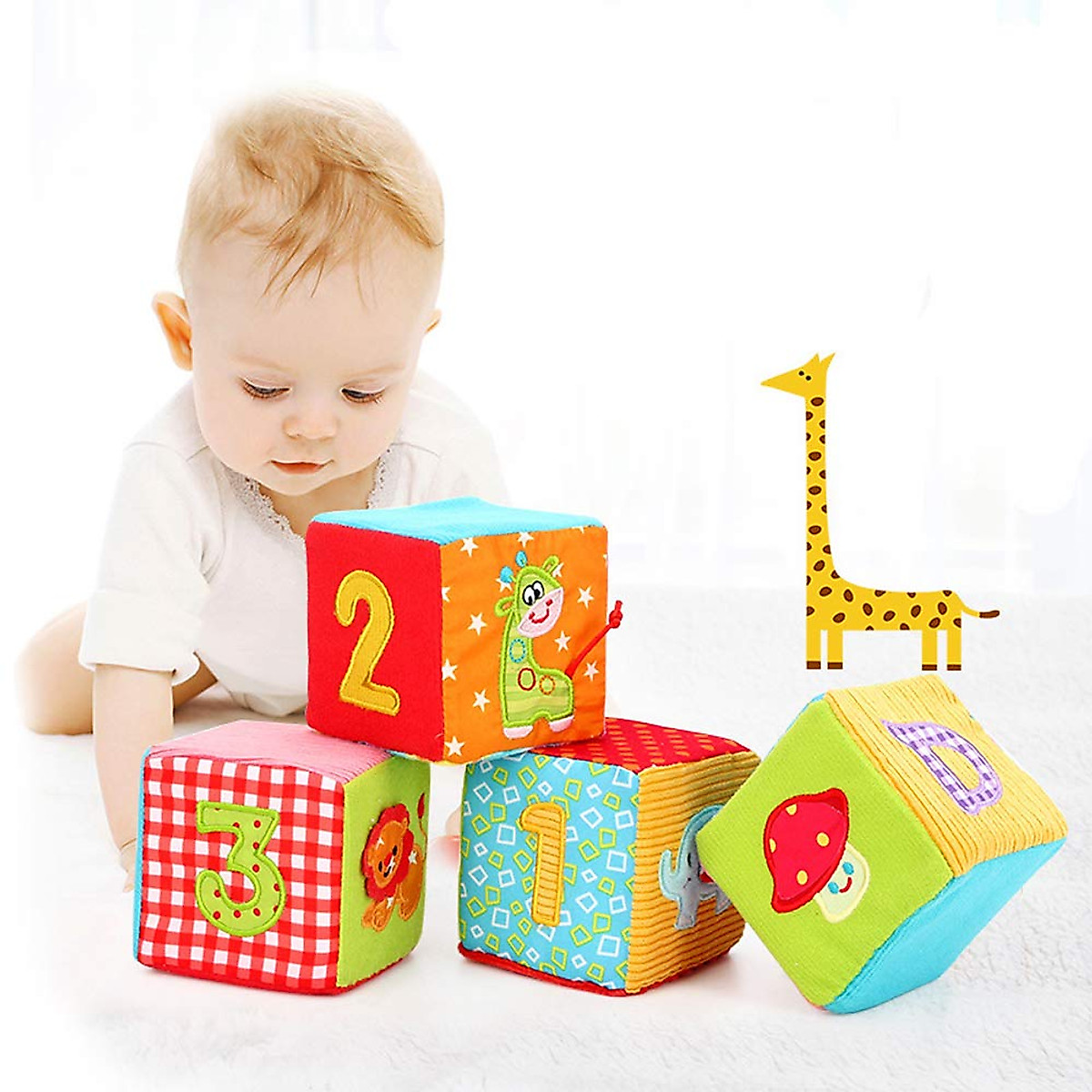 ORAPOH My First Baby Soft Rattle Blocks Infant Early Education Toys, Velvet Cloth Foam Grab and Stack Building Blocks Toy with Safety Mirror for 0-36 Month