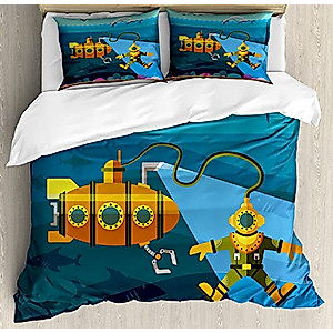 Ambesonne Yellow Submarine Duvet Cover Sets, Submarinend Diver Jumping Dolphins Illustration Print, Bedding Set with 2 Duvet Covers & 4 Pillowcases, 2 Pack King Size, Petrol Blue and Ginger