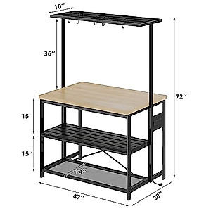 47" Large Kitchen Island Table Bakers Rack with Power Outlet and 3-Tier Storage-Microwave Stand Oven Shelf, Metal Coffee Bar Table ,Kitchen Storage Shelf for Dining Living Room, 5 Hooks, 47"*28"*72"
