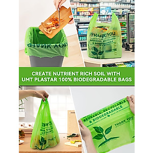 UMT Plastar 100 Count Recyclable Compostable 100% Biodegradable T-Shirt Bags, Eco-Friendly Grocery Shopping Bags, 11.5" x 6.25" x 21", 16 Mic