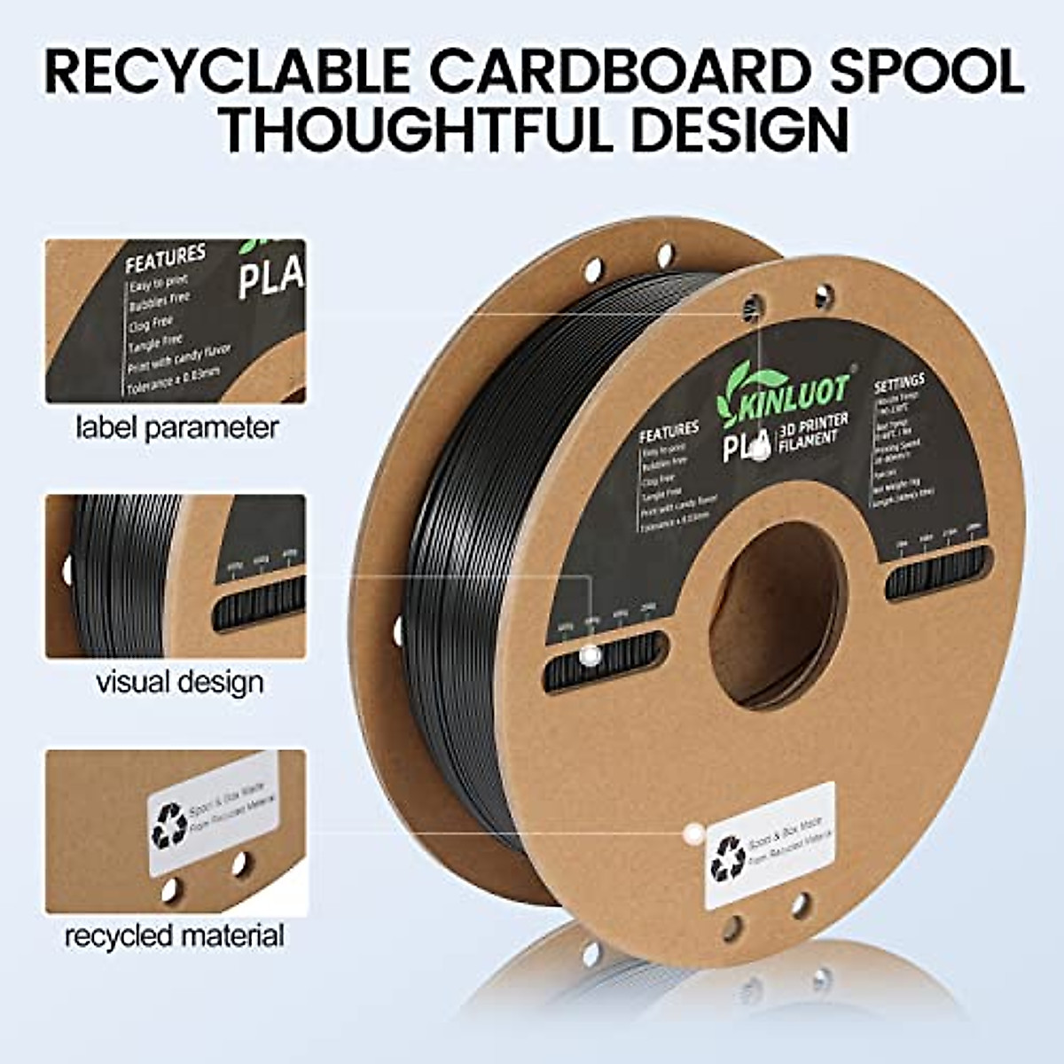 KINLUOT PLA 3D Printer Filament 1.75mm, Black PLA Filament 1KG Spool(2.2lbs), Neatly Wound Cardboard Vacuum Packaged - Fit Most FDM 3D Printers