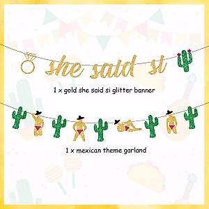 2PCS She Said Si Gold Glitter Banner, Glittery Mexican Fiesta Cactus Man Garland for Mexican Fiesta Theme Bachelorette Party Fiesta Bridal Shower Decorations Supplies
