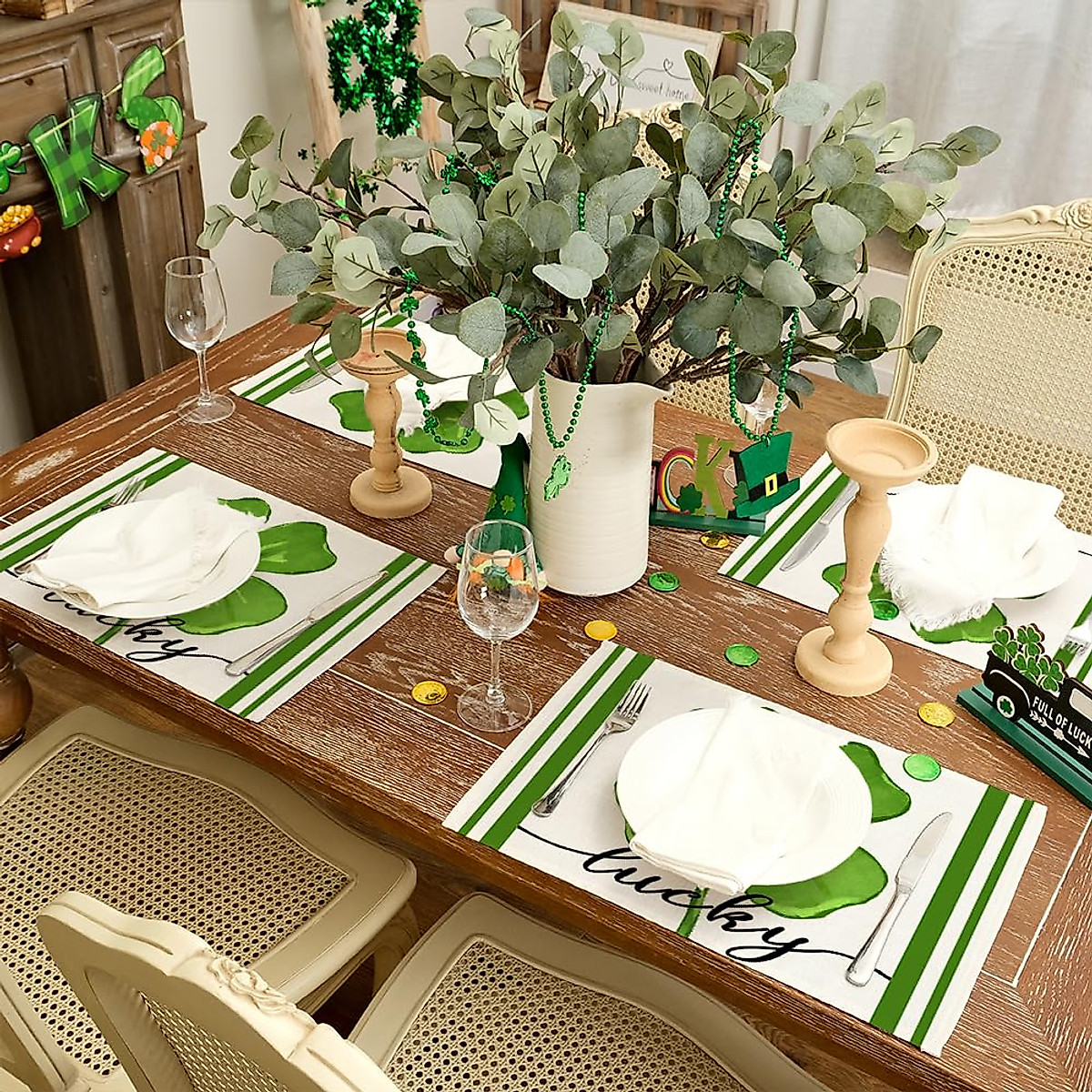 ARKENY St Patricks Day Placemats 12x18 Inches Set of 4, Green Shamrock Spring Seasonal Farmhouse Burlap Indoor Kitchen Dining Table Mats Decorations for Home Party AP032-18