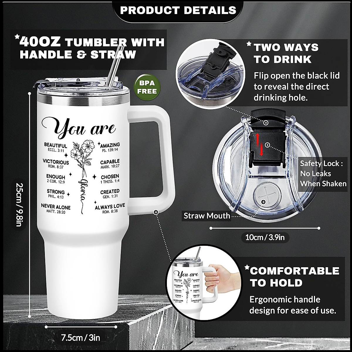 BMYDIY Personalized 40 Oz Christian Tumbler, Inspirational Spiritual Jesus Faith Religiou Gifts for Women, Custom Extra Large Stainless Steel Insulated Cup/Coffee Mug/Travel Mug with Name Birth Flower