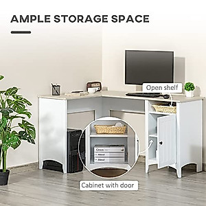 HOMCOM L-Shaped Computer Desk with Open Shelf and Storage Cabinet, Corner Writing Desk with Adjustable Shelf, White