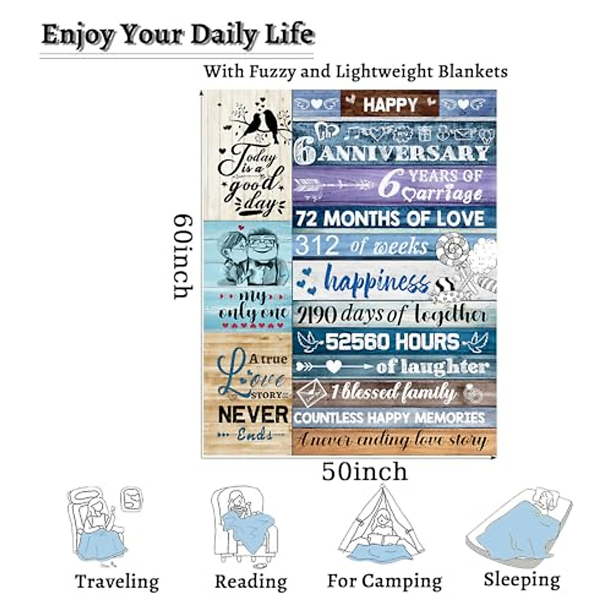 6 Year Anniversary Traditional Gifts for Her Him, 6th for Her, 6 Year Iron Anniversary Wedding Gift, Happy Anniversary Blanket Decorations Present for Women Men Couple