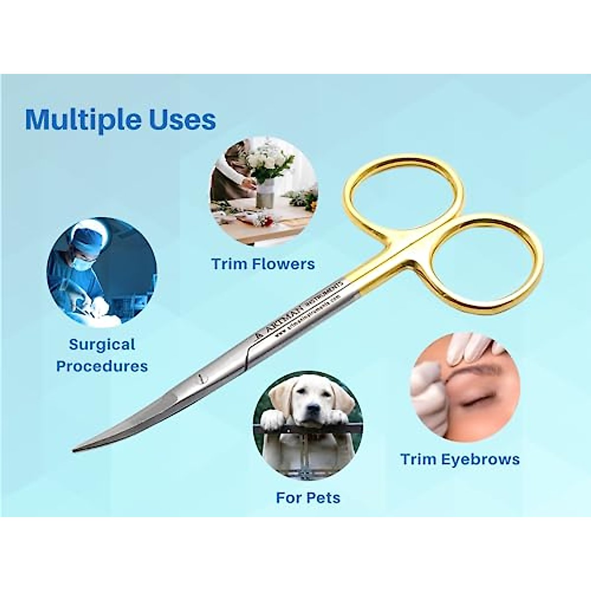 Scissors 4.5 inches Curved with Tungsten Carbide Inserts| Gold Plated Handle Extra Sharp and Durable by ARTMAN INSTRUMENTS