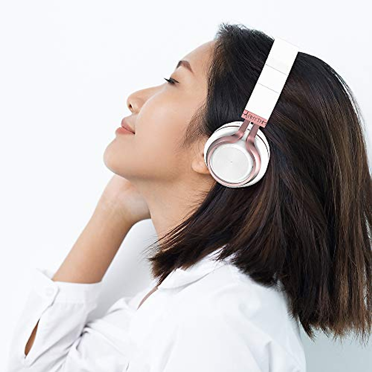 Aduro Resonance Wireless Headphones with Microphone Foldable Over The Ear Headphones with Mic Rechargeable Wireless Headset - White/Rose Gold