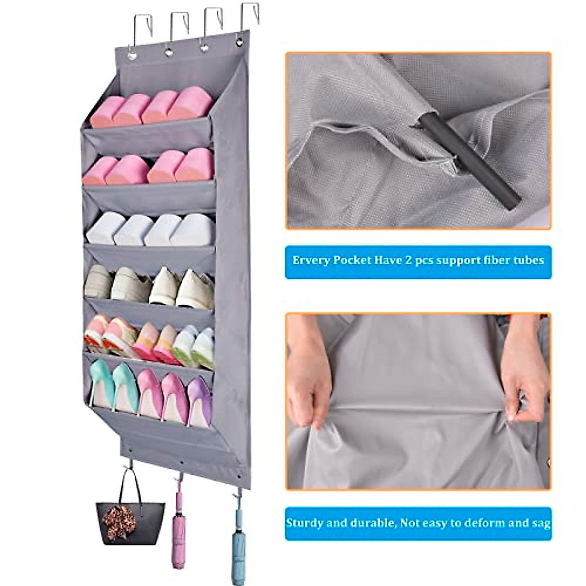 Over The Door Shoe Organizer with Deep Pockets, 6 Layers Hanging Shoe Rack for Closet, 12 Pairs of Wall Shoe Rack with 3 Hooks, Door Hanging Organizer for Shoes Sneakers and Home Accessories Grey