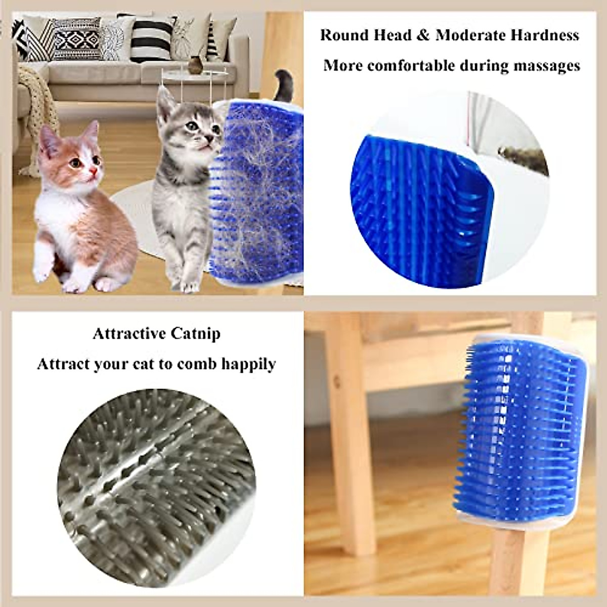 DOUBLE2C Cat Self Groomer, 4 Pack Cat Wall Corner Groomers with Catnip, Soft Face Scratchers Brush, Corner Massage Comb for Long & Short Fur Kitten/Puppy (Blue+Grey)