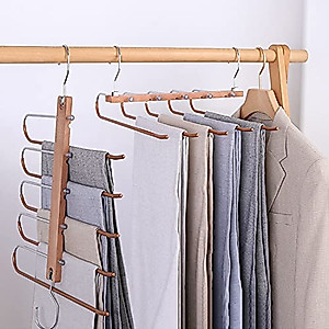 2 Pack Magic Pants Hangers, Space Saving Pant Hangers for Closet Organizer, Heavy Duty Wooden Trousers Hangers (Golden)
