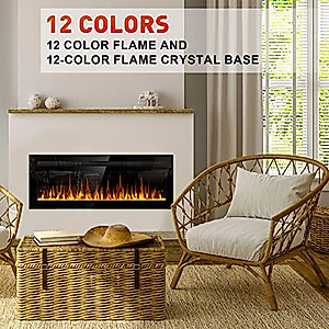 Upesitom 50" Electric Fireplace Recessed & Wall Mounted Fireplace Heater, Wall Fireplace Inserts, Mirrored Led Linear Fireplace with Remote Control, Timer, Adjustable Flame Color, 750/1500W, Black