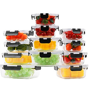 kakw12 Packs Glass Food Storage Containers,Glass Meal Prep Container for Lunch,can be used in the Microwave, Oven, Freezer and Dishwasher,with Upgraded Snap Locking Lids. (12 Packs)