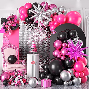 Black Pink Balloons Garland Arch Kit, Hot Pink Black Silver Balloons Arch With Star Balloons For Girls Birthday Engagement Anniversary Wedding Bridal Decoration