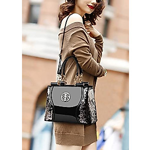 SMALLBLUER Women Patent Leather Tote Crossbody Bag Retro Pattern Shoulder Bags Satchel-Black