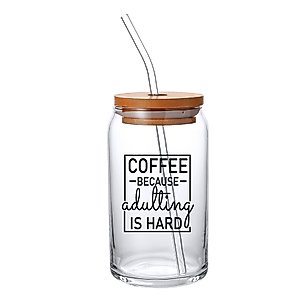 Glass Cup with Lid and Straw, 16oz