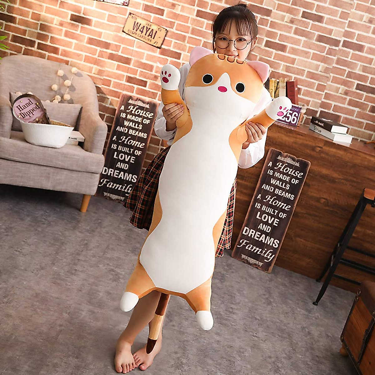 Jensquaify Long Cat Plush Pillow, Soft Cat Stuffed Animals Body Pillow Kitten Plush Hugging Pillow Toy Gifts for Kids (Brown, 35.4 inch)