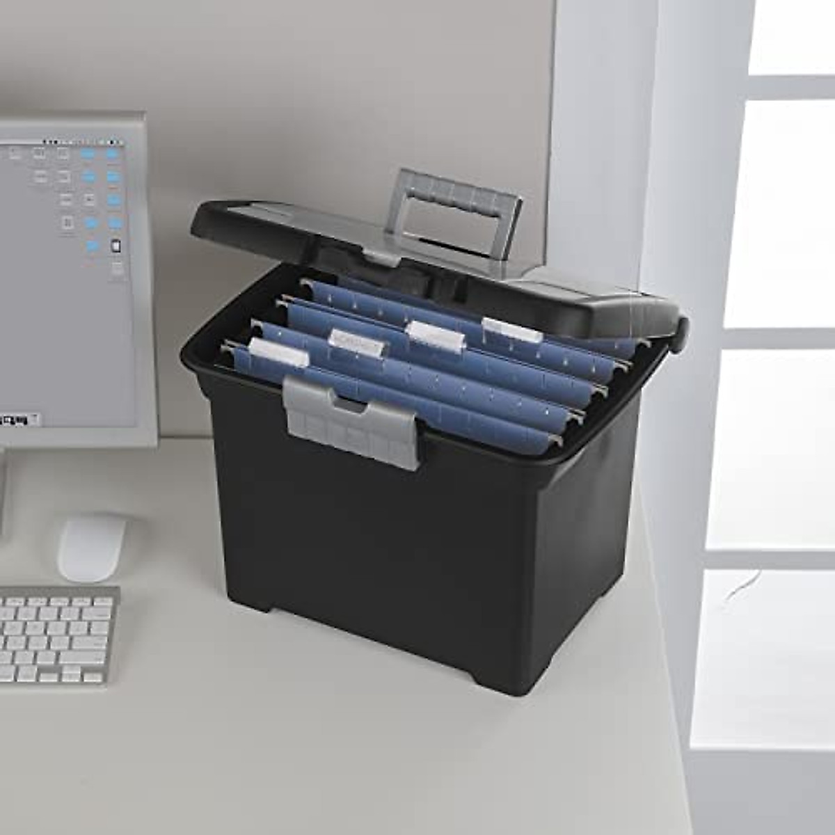 Sterilite 18719004 Portable File Box, Black with Clear Storage Lid and Titanium Handle and Latch, 4-Pack