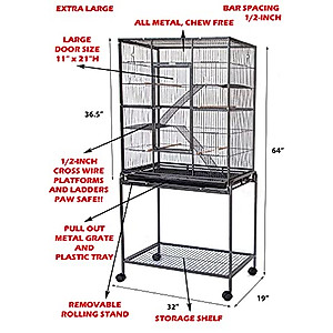 Extra Large Wrought Iron 4-Tiers Ferret Chinchilla Sugar Glider Rats Mouse Cage with Detachable Rolling Stand (32 x 19 x 64 H inches, Black Vein)
