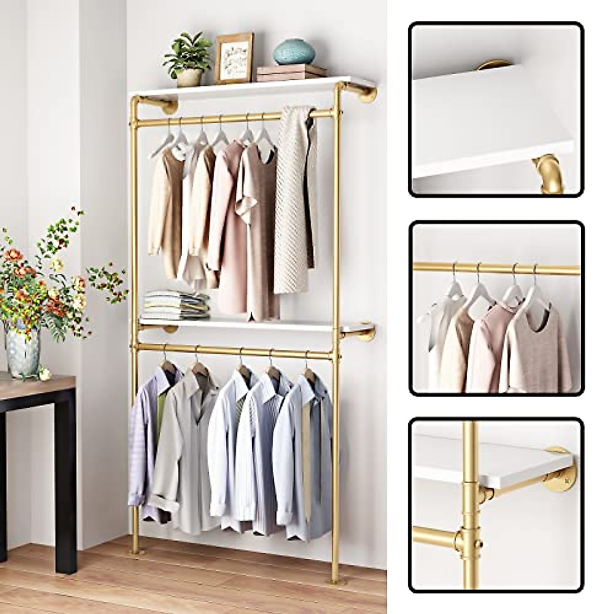 DR.IRON Gold Pipe Clothing Racks with 2 Tier Shelves, Wall Mounted Gold Clothes Rack with Double Hanging Rods Heavy Duty Garment Storage Rack Display Racks Rod for Clothes,Laundry Room