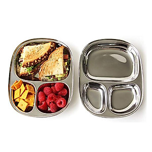 WhopperIndia Stainless Steel 3 Compartment Oval Plate, Thali, Mess Tray, Dinner Plate Set of 2