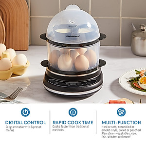 Elite Gourmet EGC314CB Digital Easy Egg Cooker Food Steamer, Poacher, Omelet, Soft, Medium, Hard-Boiled Egg with 6 Programmed Preset Functions, 2-Tiers, Measuring Cup, BPA Free, 14 egg capacity, Black