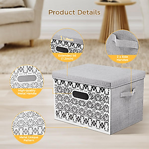Iirios Storage Bins With Lids, 3 Pack Linen Foldable Storage Bins, Metal Clothes Storage Containers with Handles, Stackable Storage Baskets for Clothing, Blanket, Comforters, Pillows and Toys (White)