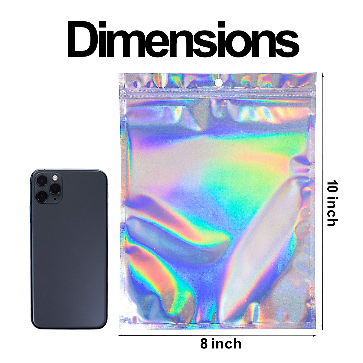 100 Pack Resealable Smell Proof Mylar Bags - Holographic 8 x 10 Inch Ziplock Pouch for Food Storage, Cookies, Jewelry Packaging