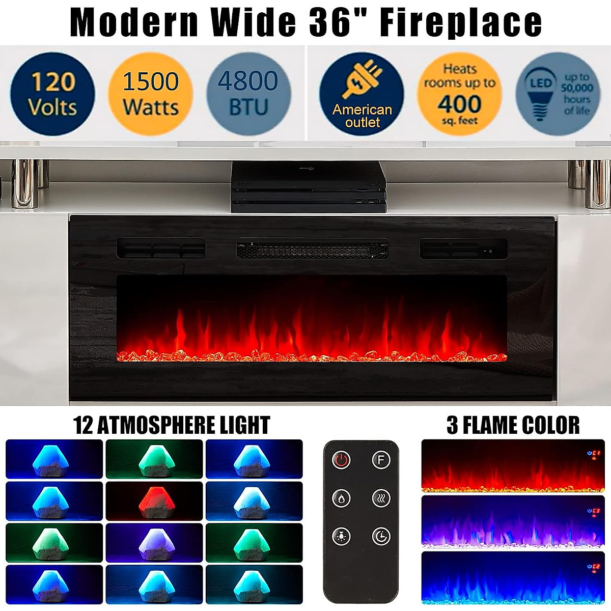 AMERLIFE Electric Fireplace with Remote Control, 36" Fireplace Heater Controlled Separate Flame, Heat for Living Room or Bedroom, Black