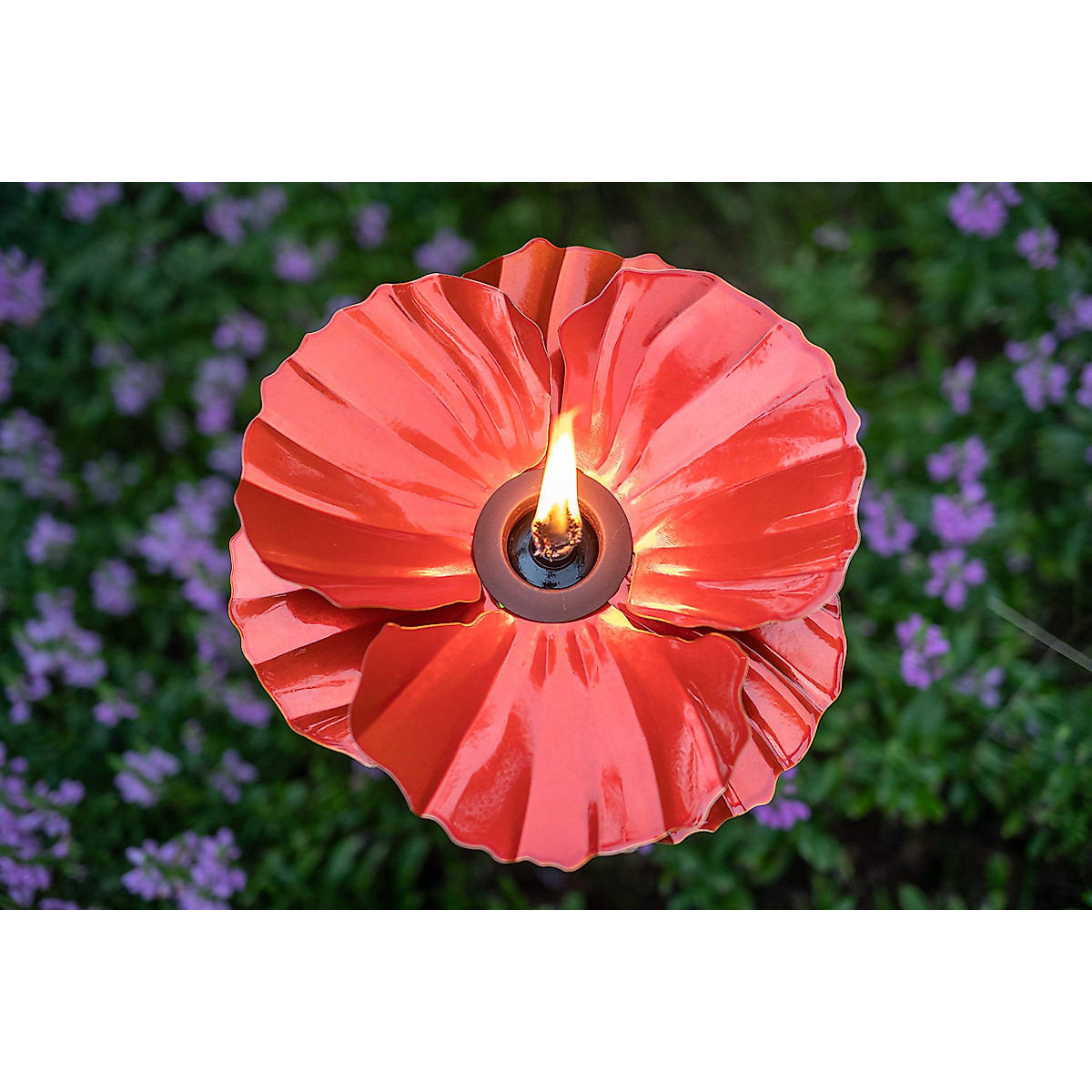 Desert Steel Flower Torch - (Red Poppy, 36" H x14 W) - Metal Art Citronella Garden Torch & Pathway Light w/Refillable Lamp Oil Canister