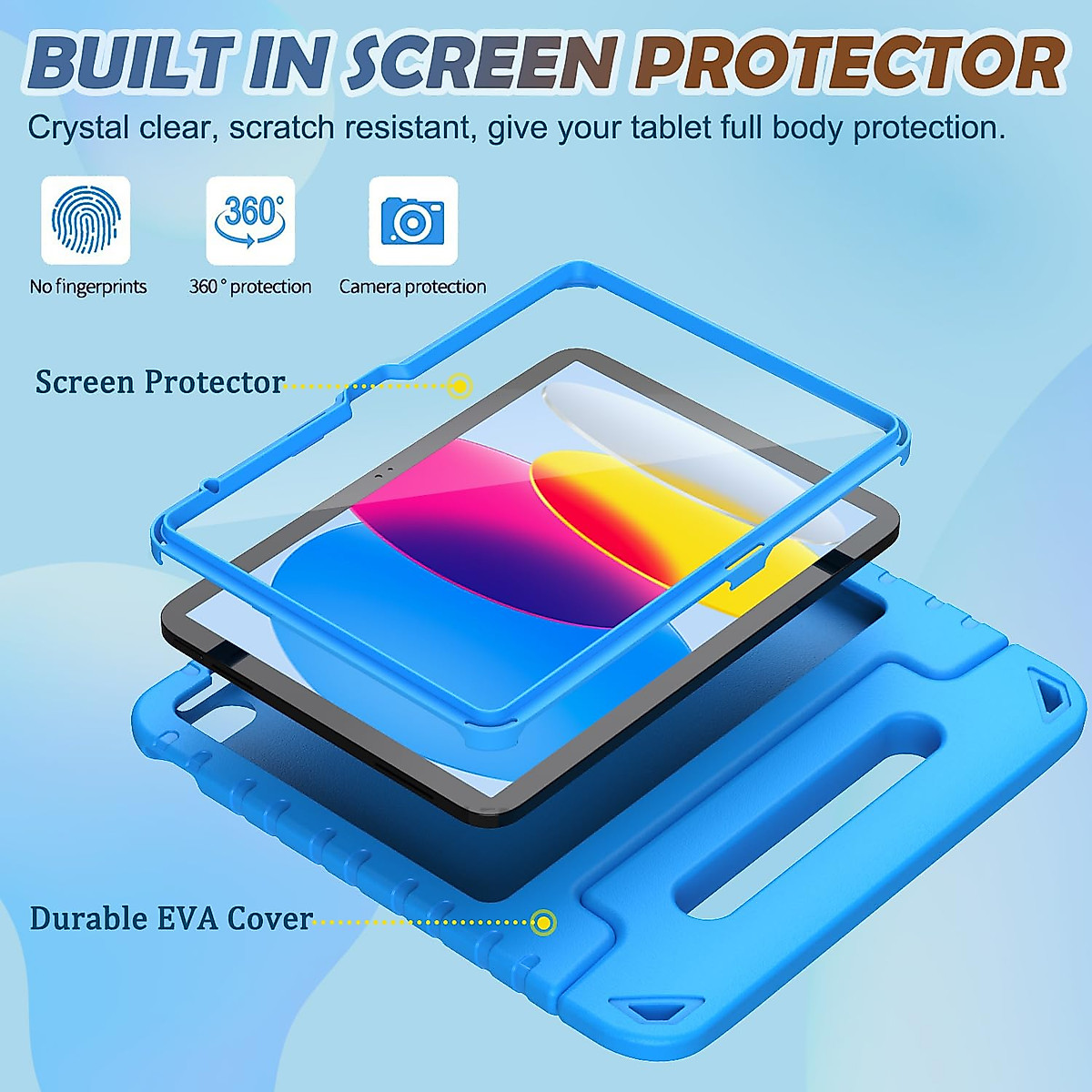 LTROP Kids Case for iPad 10th Generation 10.9-inch 2022 (A2696, A2757, A2777), Shockproof Convertible Handle Stand iPad Gen 10 Case with Built-in Screen Protector for Kids Toddler Boys Girls, Blue