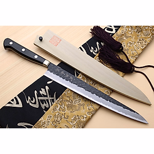 Yoshihiro Kurouchi Super Blue Steel Stainless Clad Sujihiki Slicer Chef Knife (9.5" (240mm) & Saya, Black Pakkawood Handle)