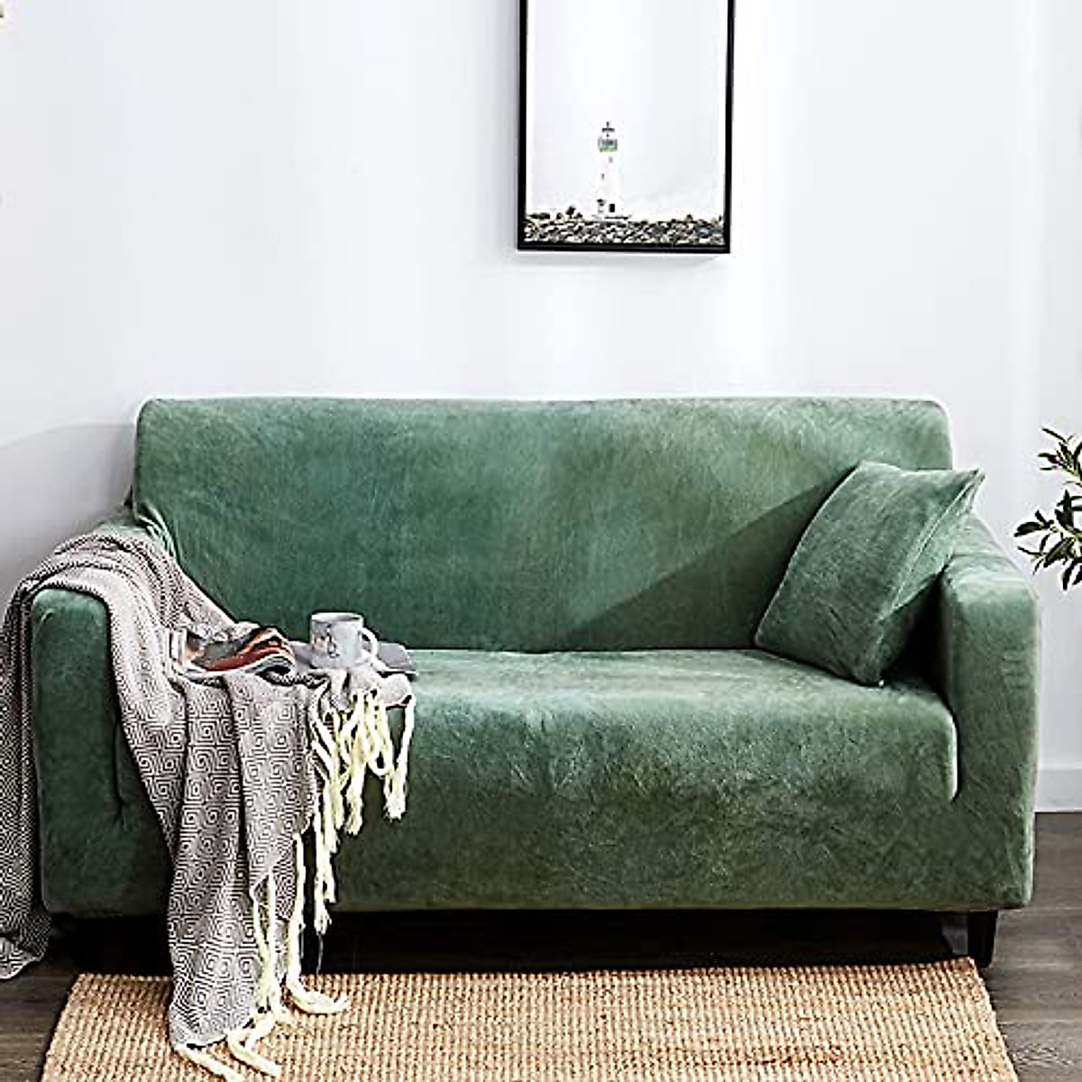 TVPFM Stretch Sofa Slipcover, Velvet Plush Washable Sofa Cover Soft Stretch Furniture Protector Sofa Slipcover for Pets Cat Dog-Blue-4 Seater